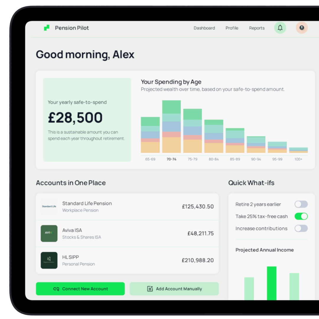 Know your retirement date and safe spend — today | Pension Pilot